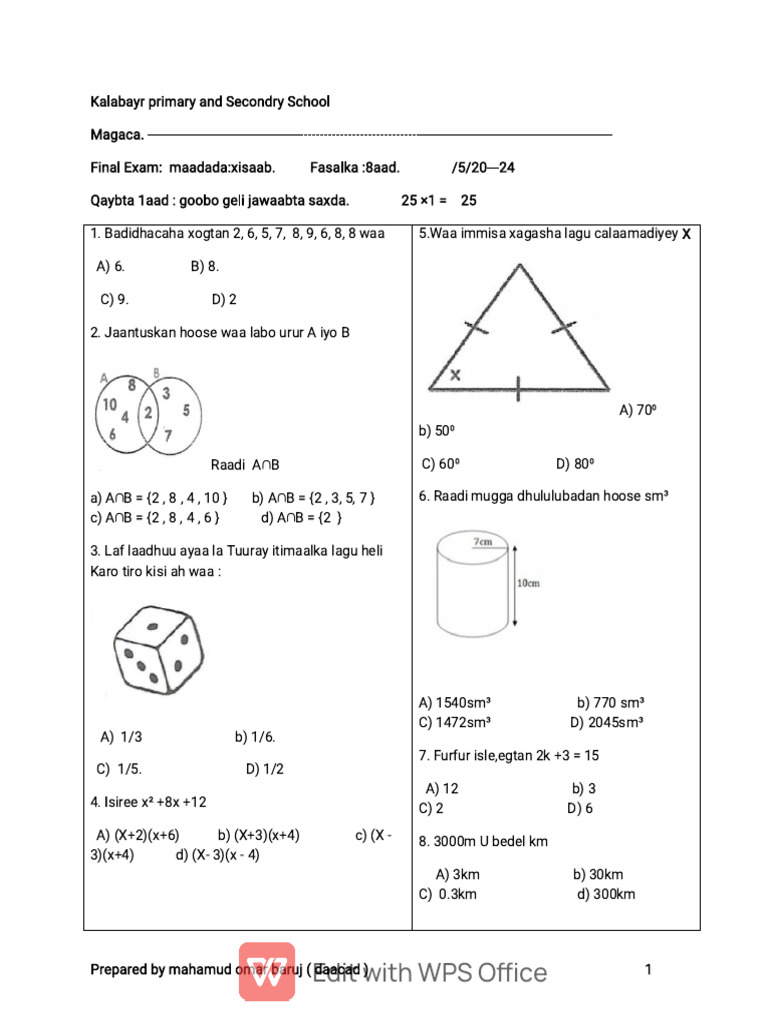 Xisaab 8aad Final 2024 | PDF