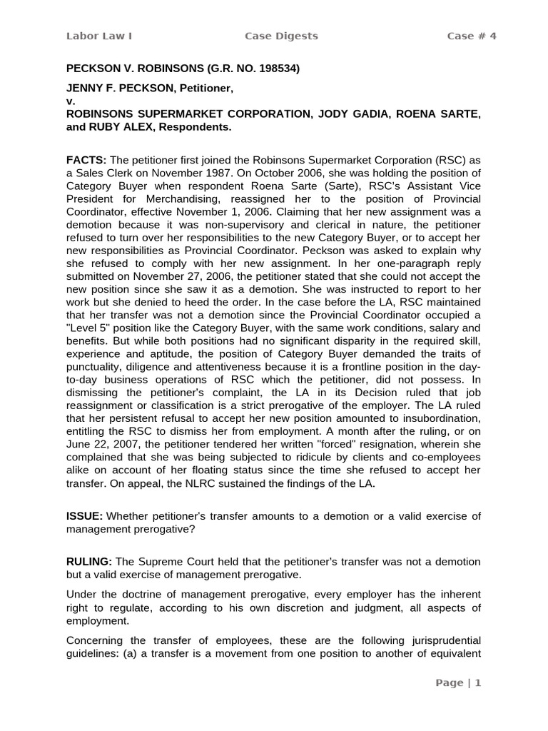 G.R. NO. 198534 Peckson Vs Robinson Digest | PDF | Employment | United ...