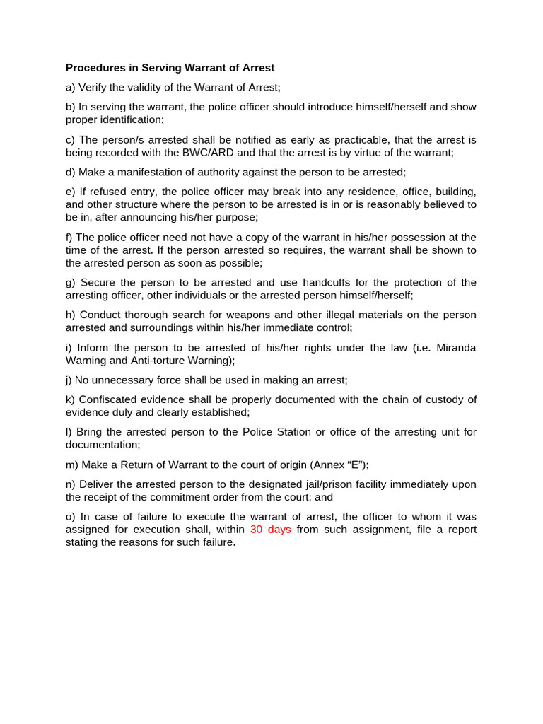Procedures in Serving Warrant of Arrest From POP2021 | PDF