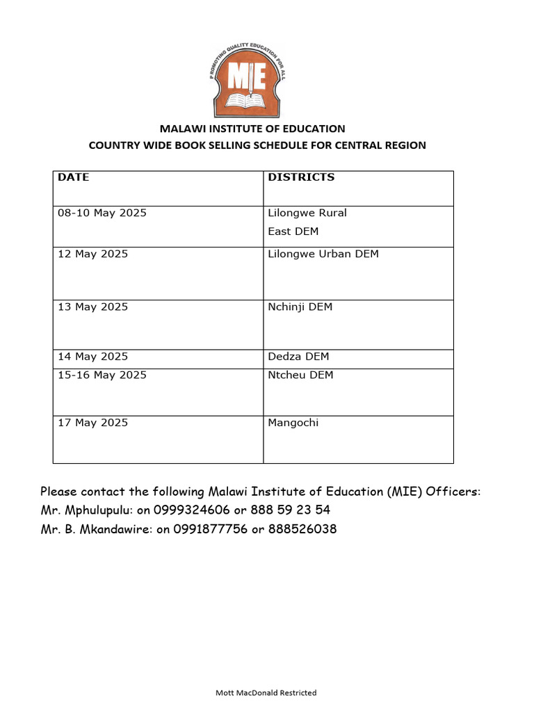 Mie Book Selling Schedule - Central Region | PDF