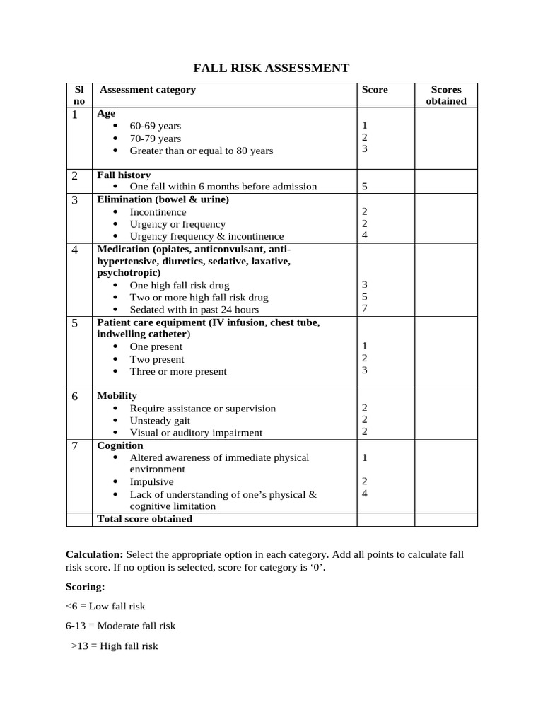 Fall Risk Assessment & Pressure Sore Assessment | PDF | Medical ...