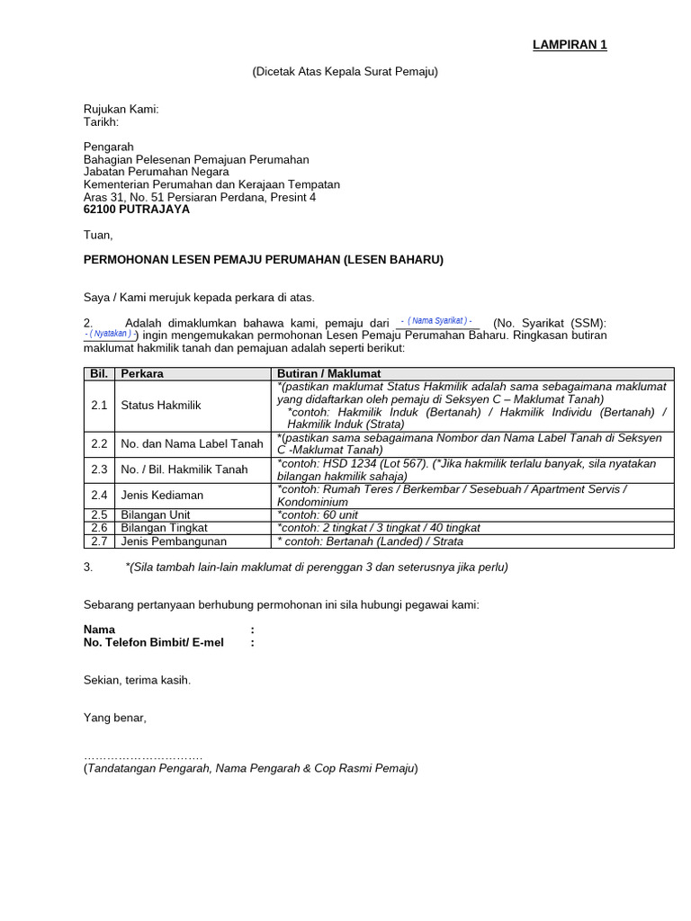 LAMPIRAN 1 Format Surat Iringan Pemaju Permohonan Lesen Baharu | PDF
