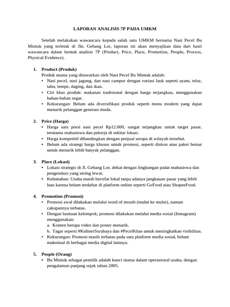 Laporan Wawancara Umkm Analisis 7p Tia | PDF