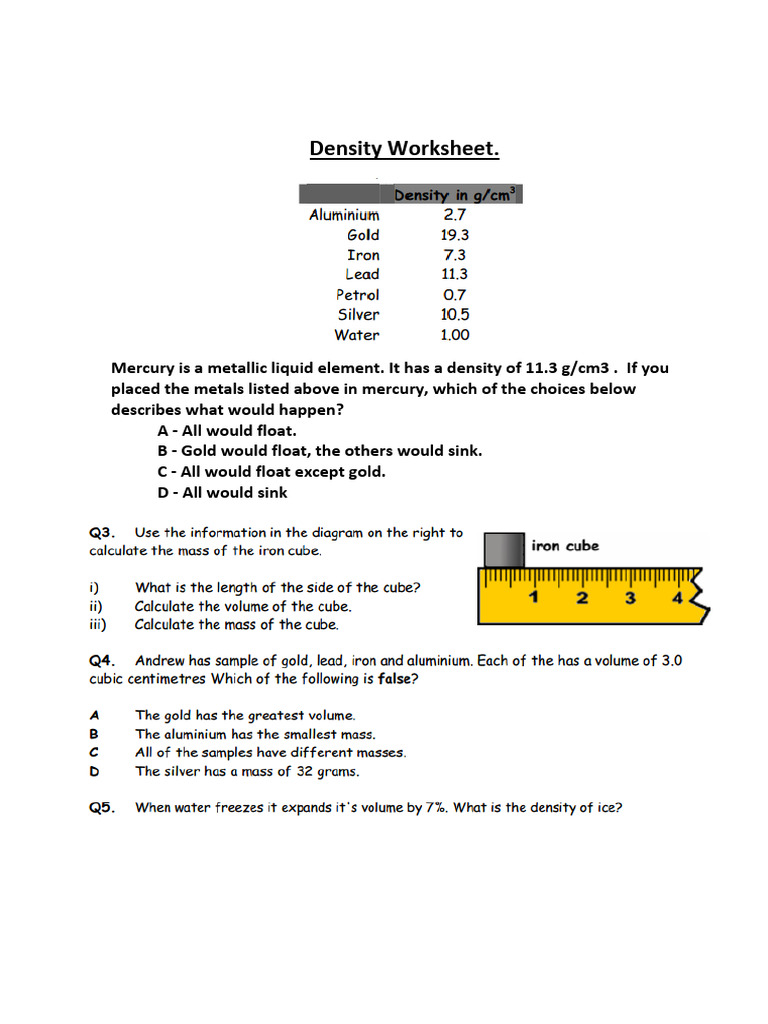 Density Worksheet | PDF