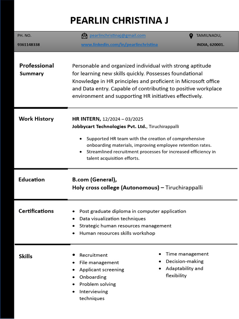 PEARLIN CHRISTINA J - Resume | PDF