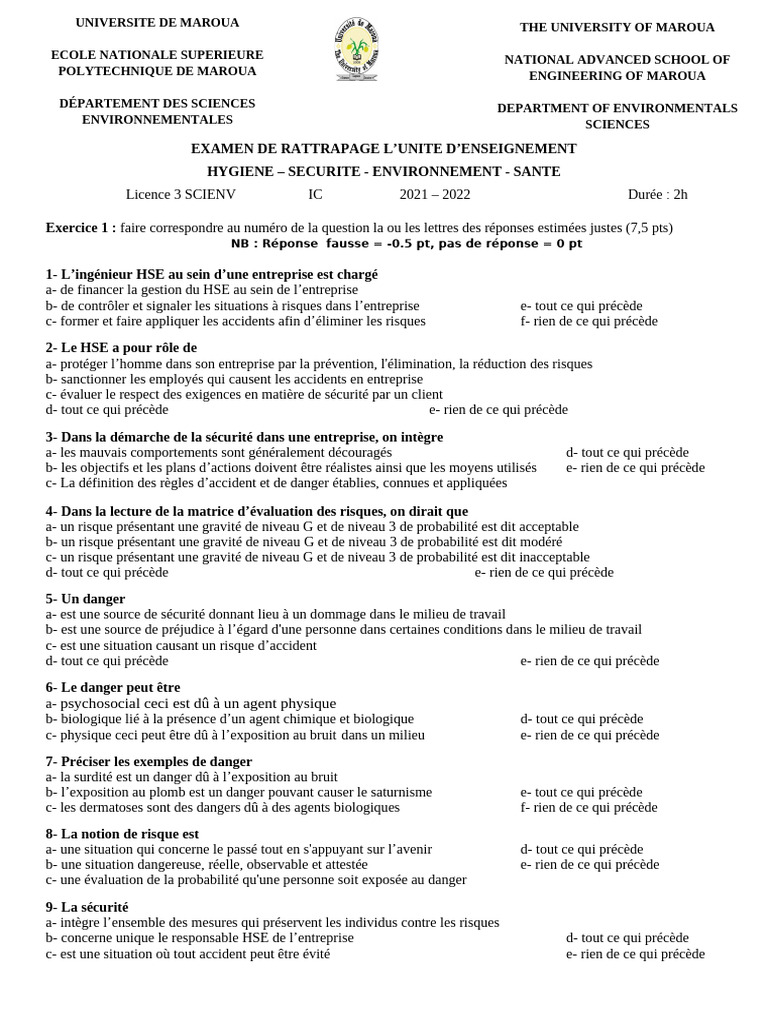 Examen HSE Licence 3 : Questions et Évaluations | PDF | Risque | Dangers
