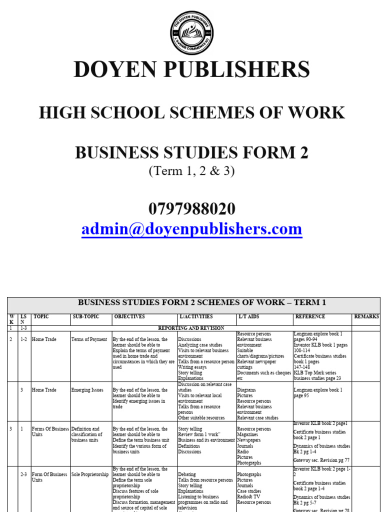 Business Studies Form 2 Schemes of Work | PDF | Books | Human Communication