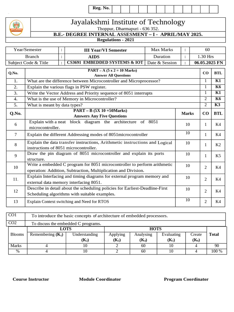 CS3691 Embedded Systems & Iot-1 | PDF | Microcontroller | Embedded System