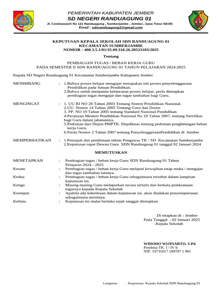 Surat Pembagian Tugas Randuagung 01-SMT Genap 2025 | PDF