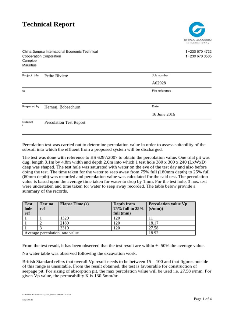 Percolation Test Report - CJI - 2016-06-16 | PDF | Soil Science | Soil