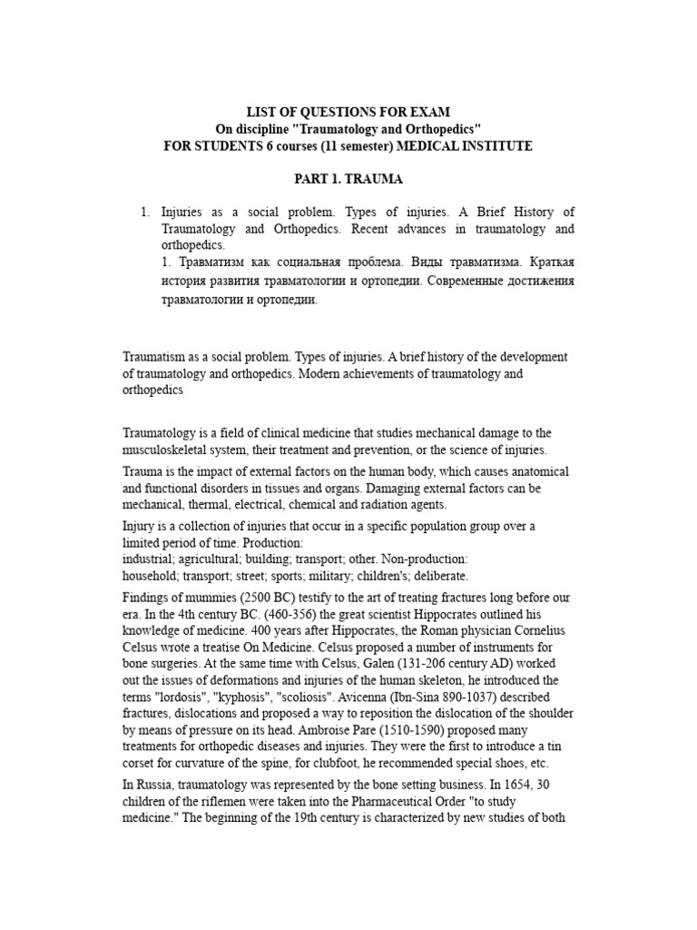 Traumatology and Orthopedics Exam Guide | PDF | Bone | Anatomical Terms ...