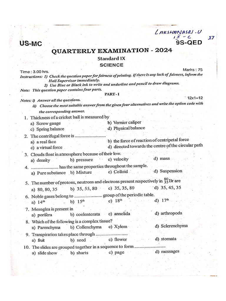 9th Standard, Quarterly Science Question Paper 2024 | PDF