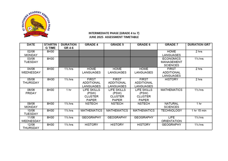 Grade 7 Exam Timetable June 2025 | PDF