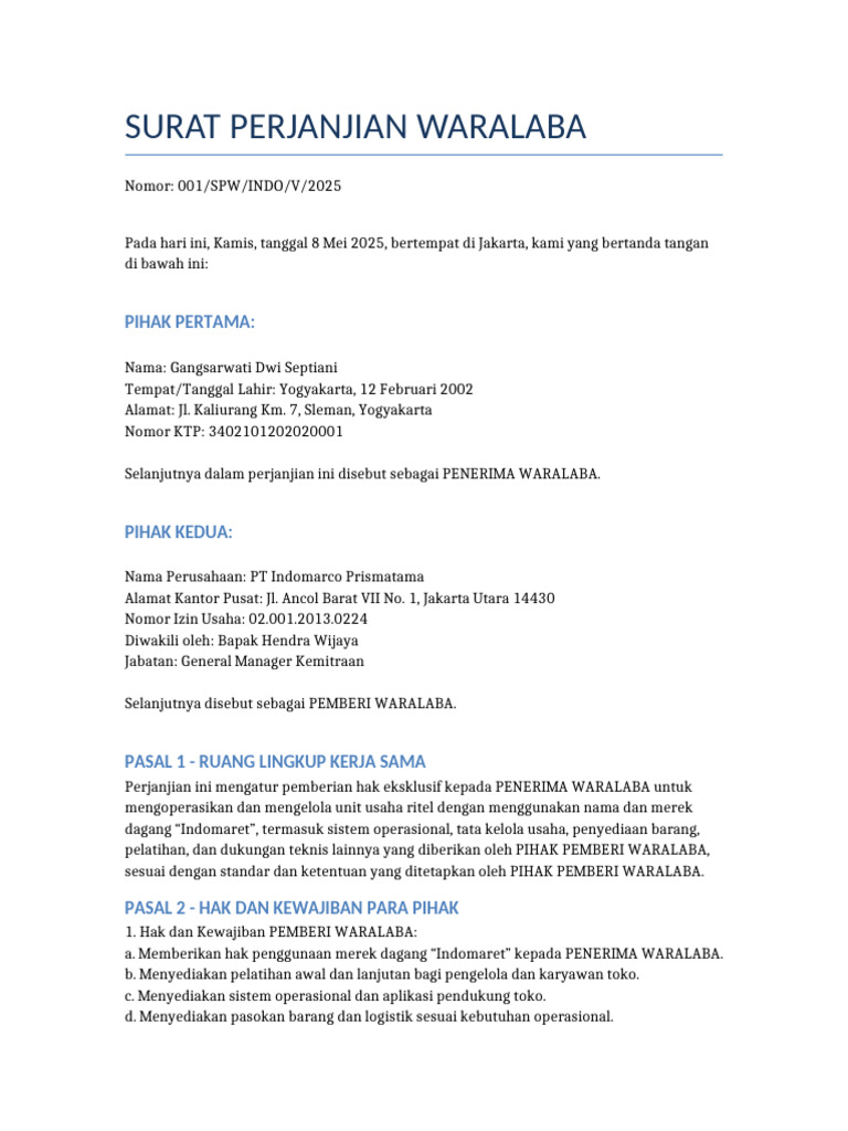 Surat Perjanjian Waralaba Indomaret | PDF