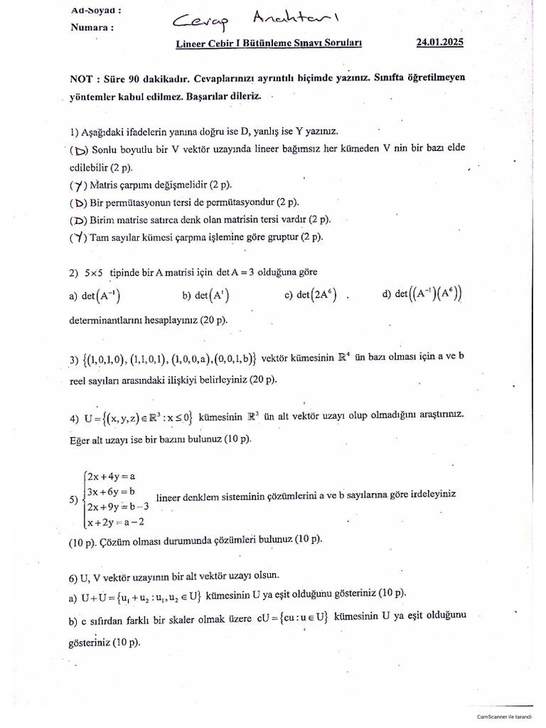 Lineer Cebir I24012025 | PDF