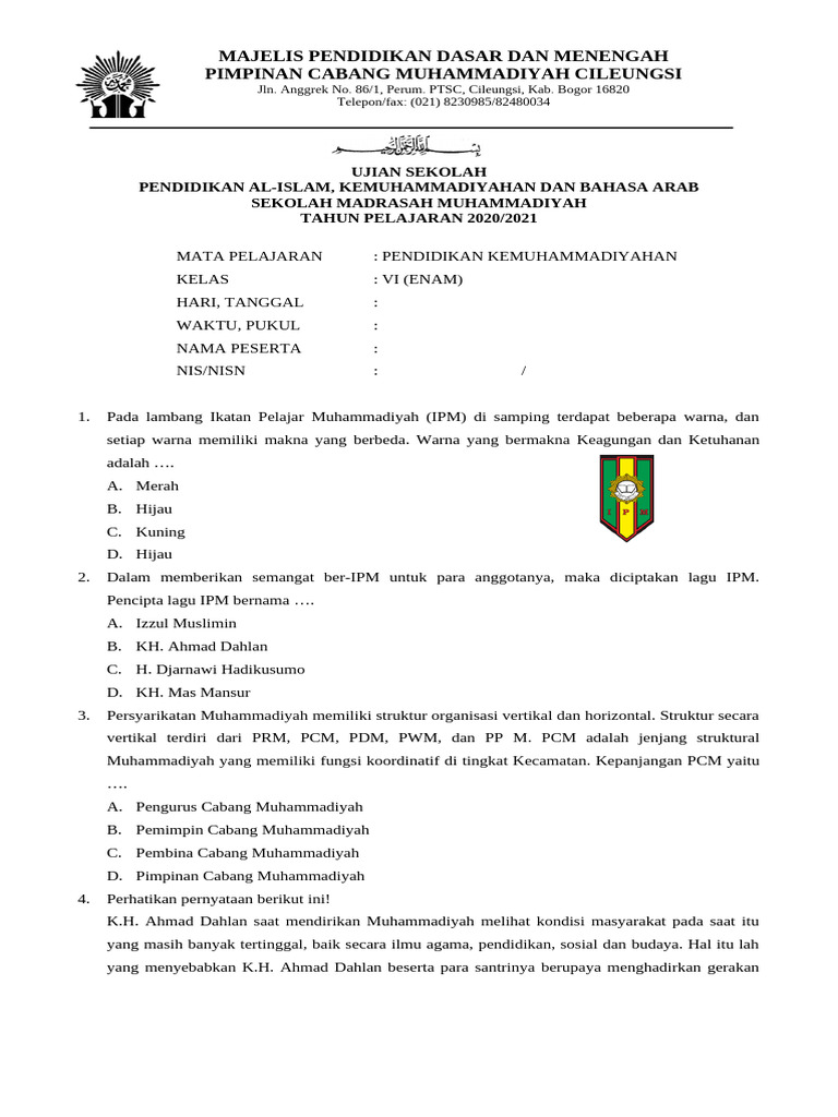 Soal Kmd Ismuba Kelas Vi - 2020-2021 | PDF