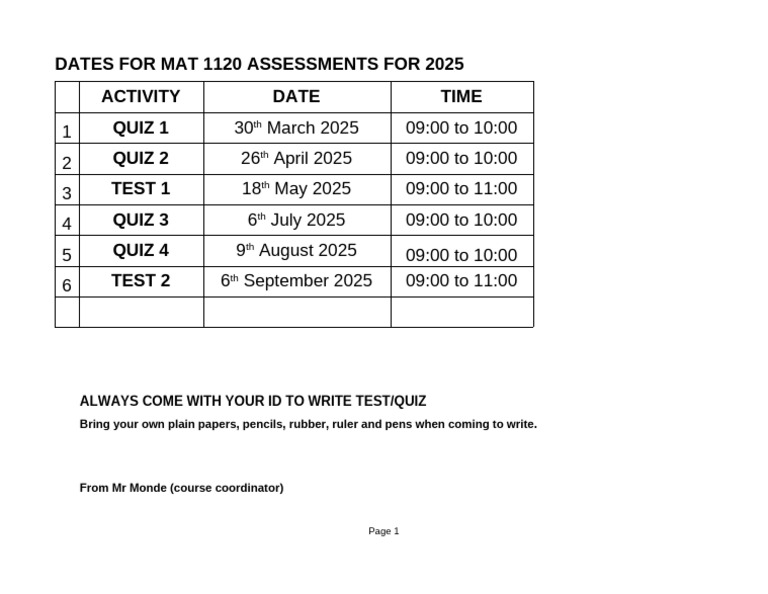 Assessment Dates For MAT 1120 | PDF