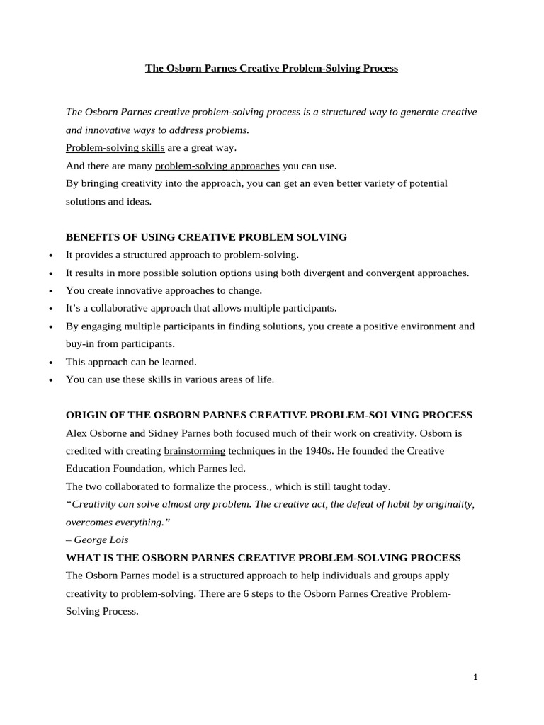 The Osborn Parnes Creative Problem | PDF | Creativity | Brainstorming