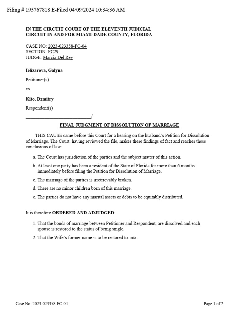Final Judgment: Marriage Dissolution | PDF | Divorce | Judgment (Law)
