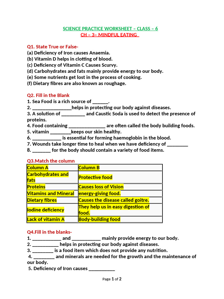Class 6 Mindful Eating Worksheet | PDF | Foods | Vitamin