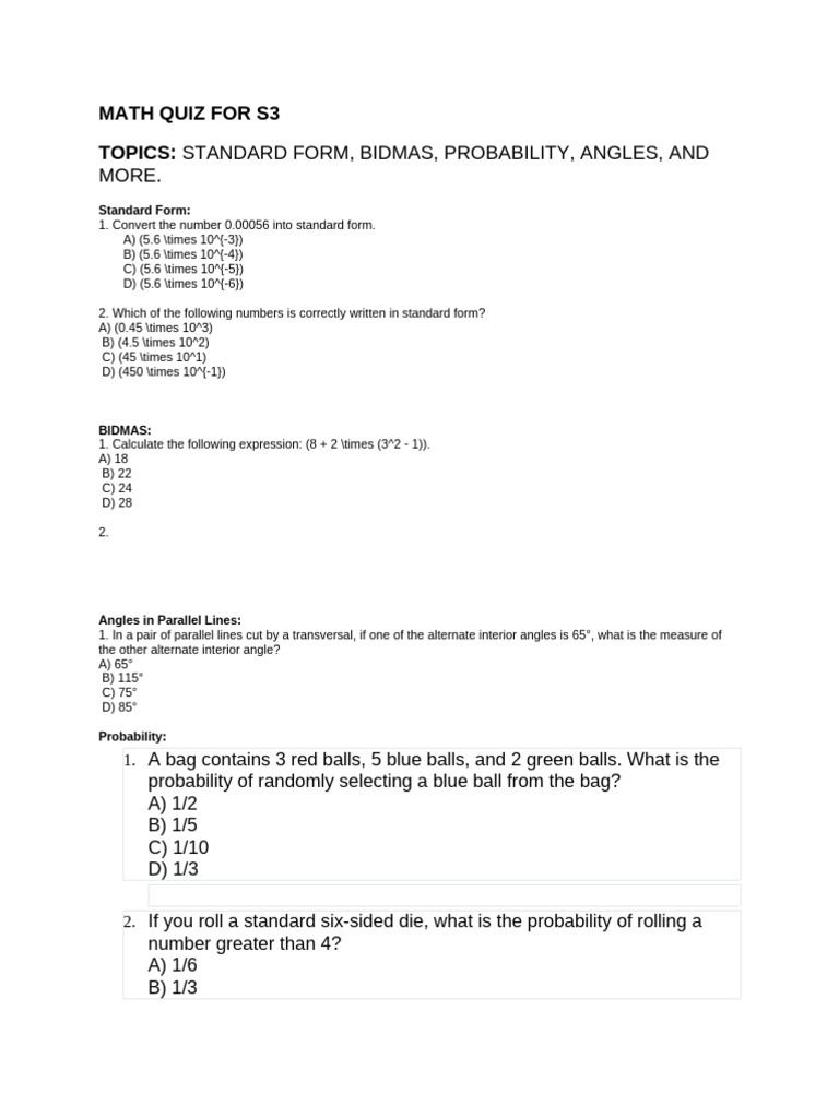 Math Quiz For 14-Year-Olds - Standard Form, BIDMAS, Probability, Angles ...