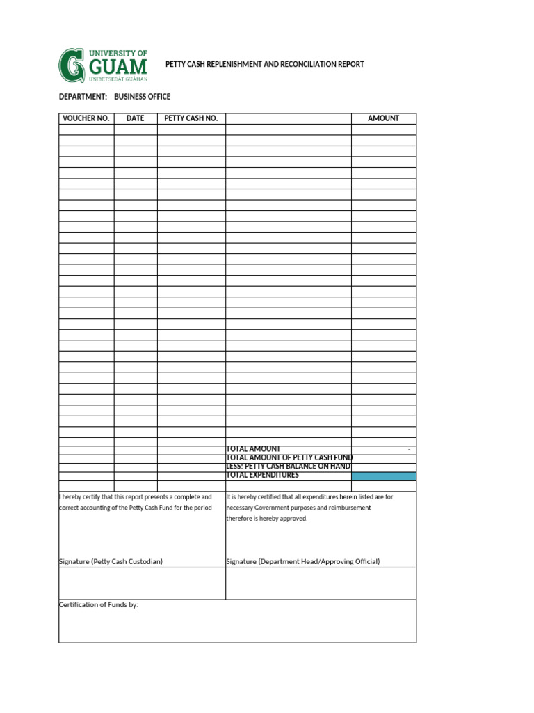 Petty Cash Replenishment and Reconciliation Report Form | PDF
