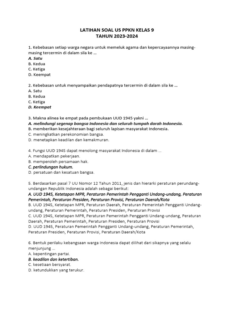 Latihan Soal Us Ppkn Kelas 9 2023 2024 | PDF
