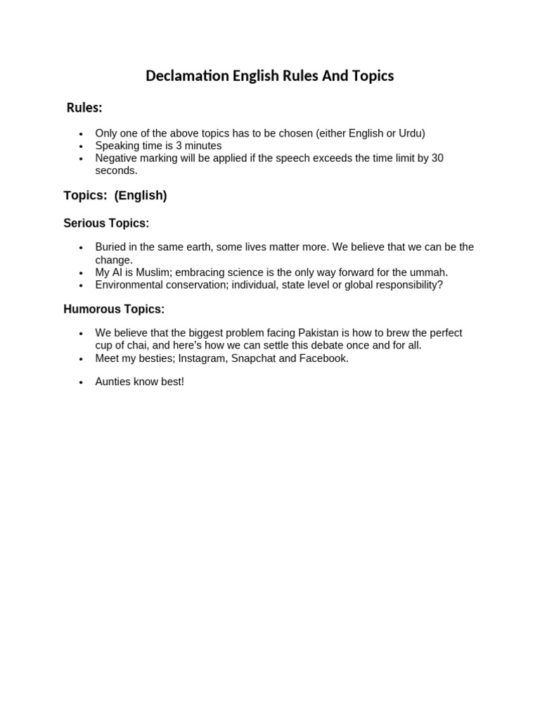 Declamation English Rules and Topics | PDF