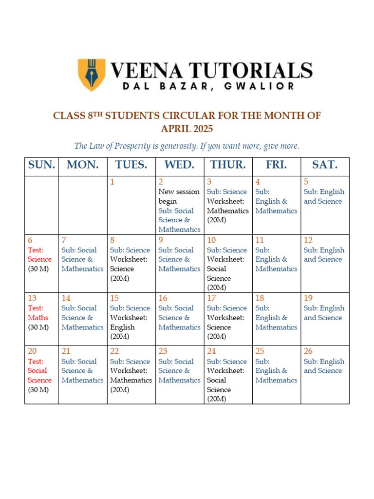 Class 8TH Students Circular For The Month of April 2025 | PDF | Equations | Mathematical Concepts