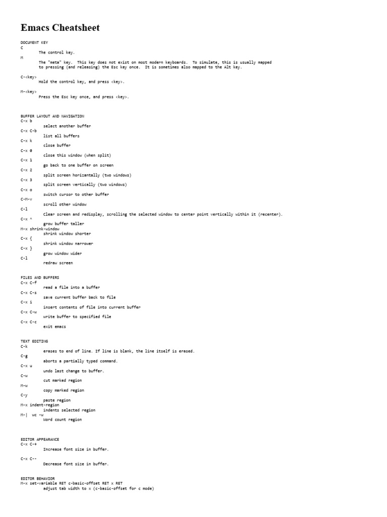 Emacs Cheatsheet | PDF | Text | Computing