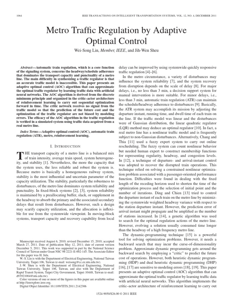 Metro Traffic Regulation by Adaptive Optimal Control | PDF | Mathematical Optimization ...