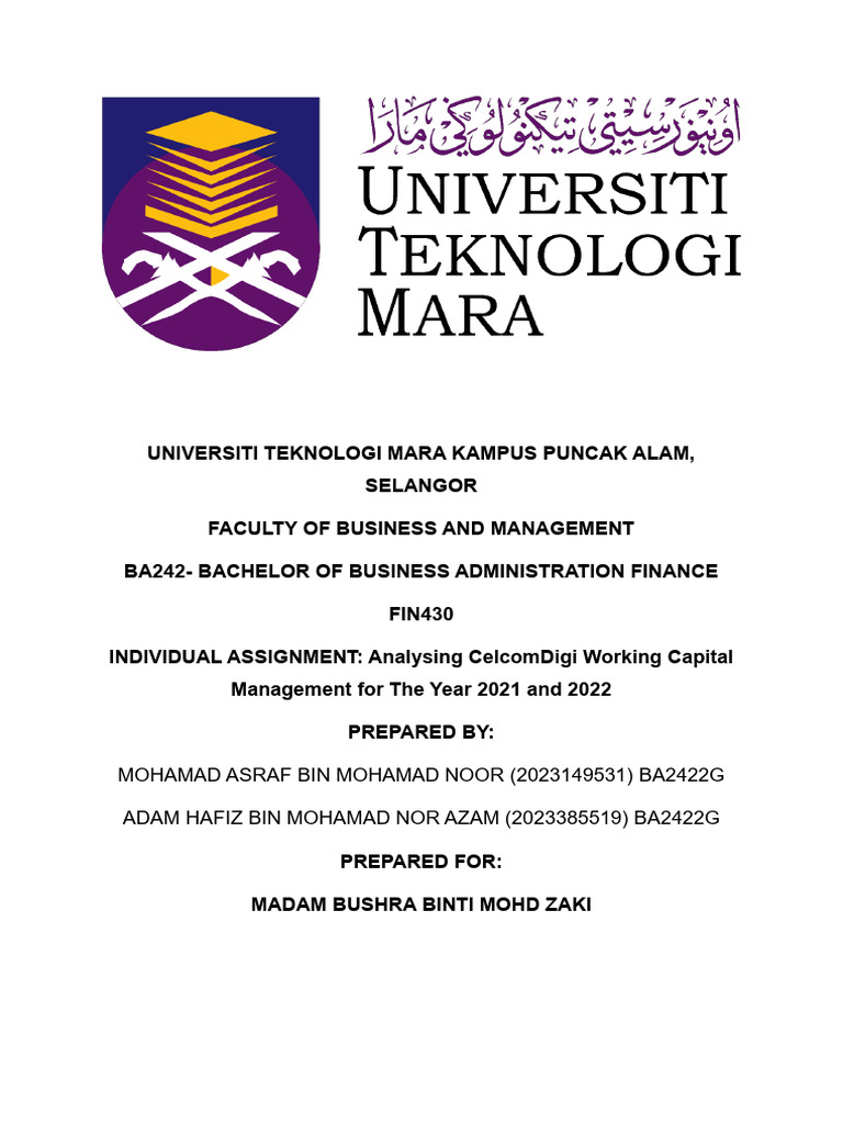 Fin430 - Individual Assignment - Adam Hafiz & Mohamad Asraf | PDF | Working Capital | Expense