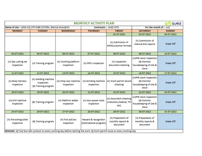 Monthly Activity Plan JULY SUEZ | PDF