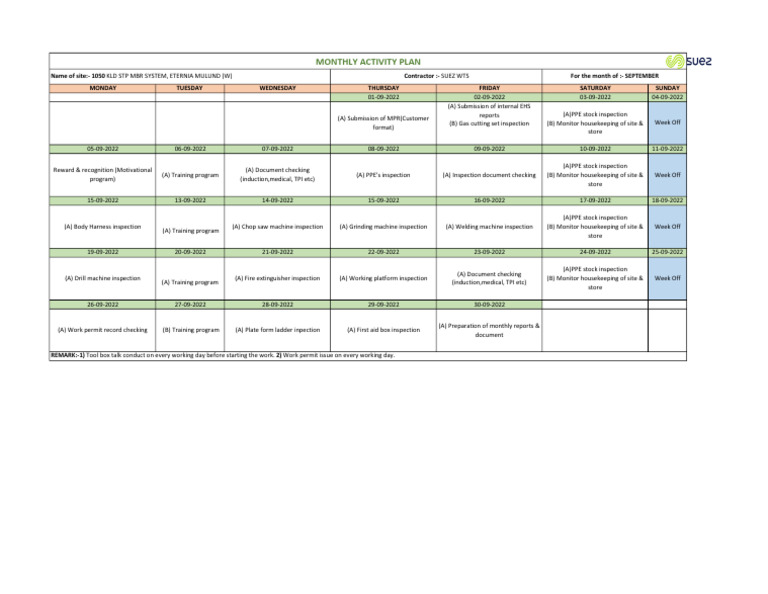 Monthly Activity Plan SUEZ September | PDF