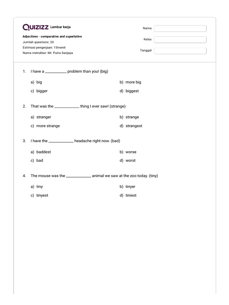 Adjectives - Comparative and Superlative - Quizizz | PDF