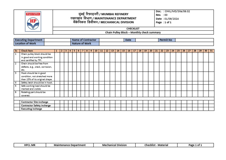 Chain Pulley Block Monthly Checklist | PDF