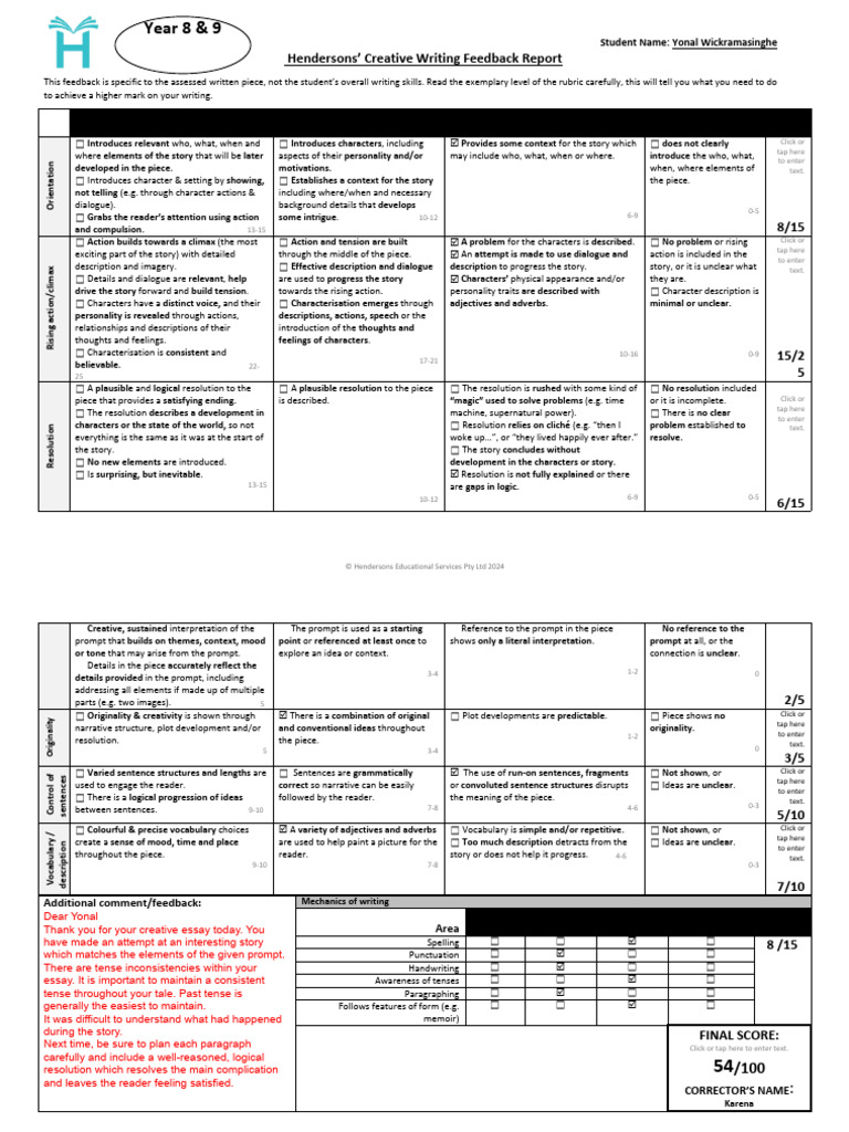 Creative Writing Feedback Report | PDF | Narrative | Cognition
