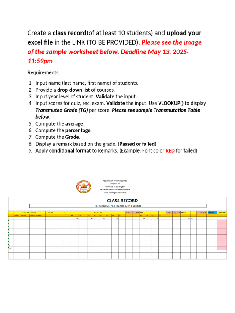 Excel Grading Sheet Activity | PDF
