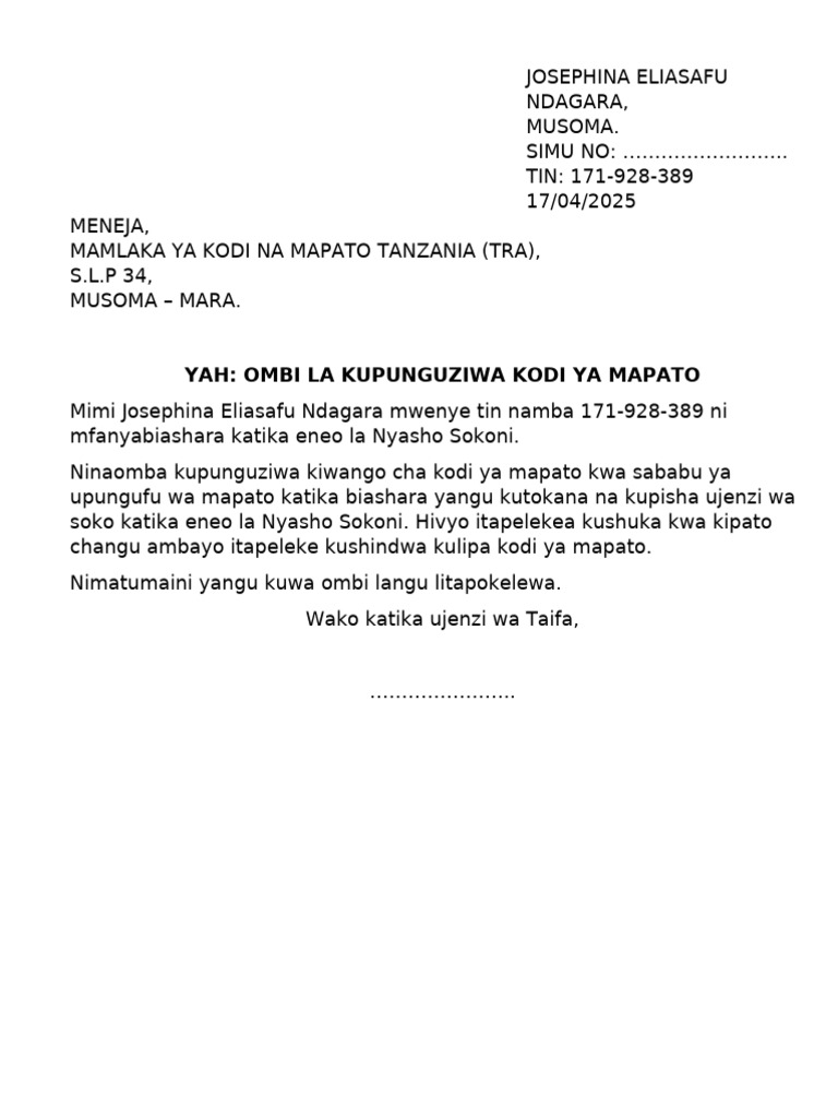 Barua Tra Kupunguziwa Kodi Ya Mapato | PDF