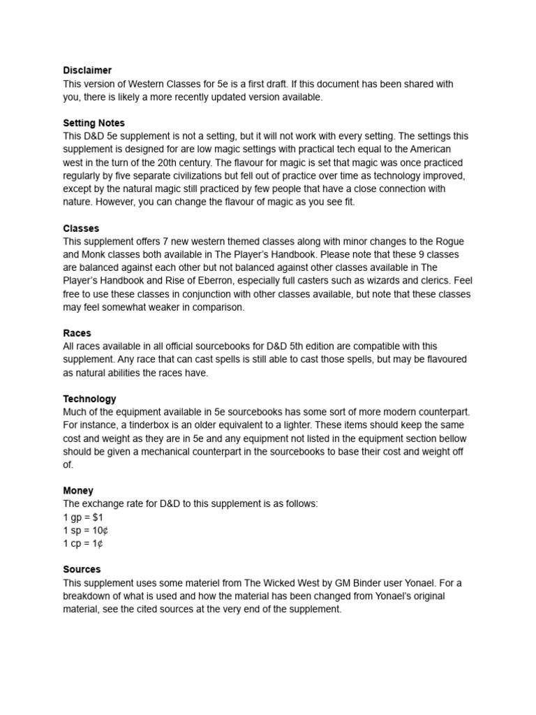 Western Classes for D&D 5e Supplement | PDF | Firearms