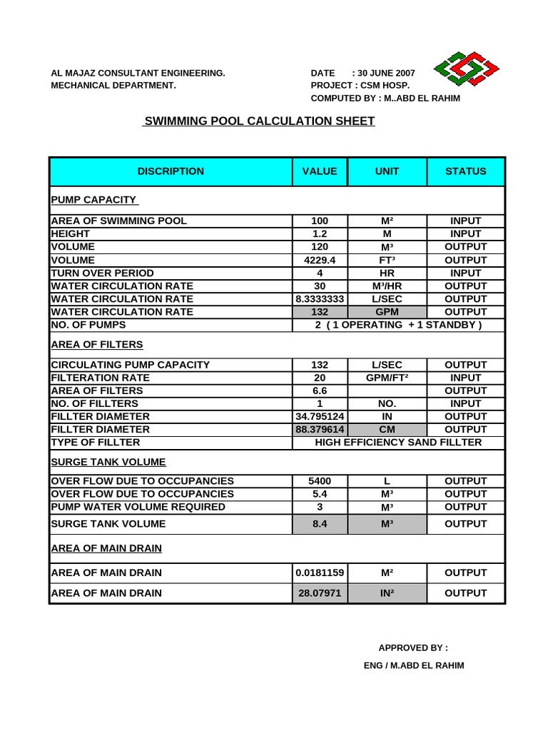 Swimming Pool Calculation | PDF