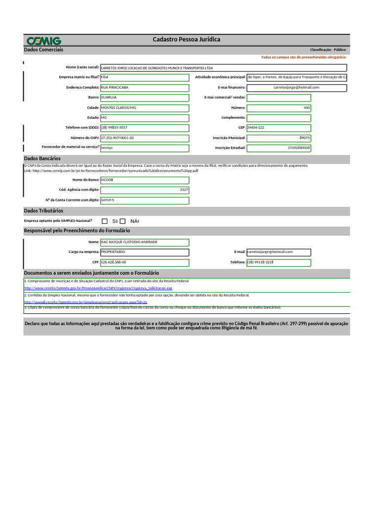 Formulário de Cadastro de Pessoa Jurídica - CEMIG | PDF