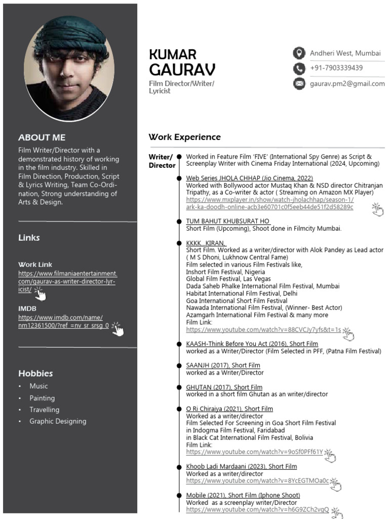 CV of Gaurav Writer Filmmaker | PDF
