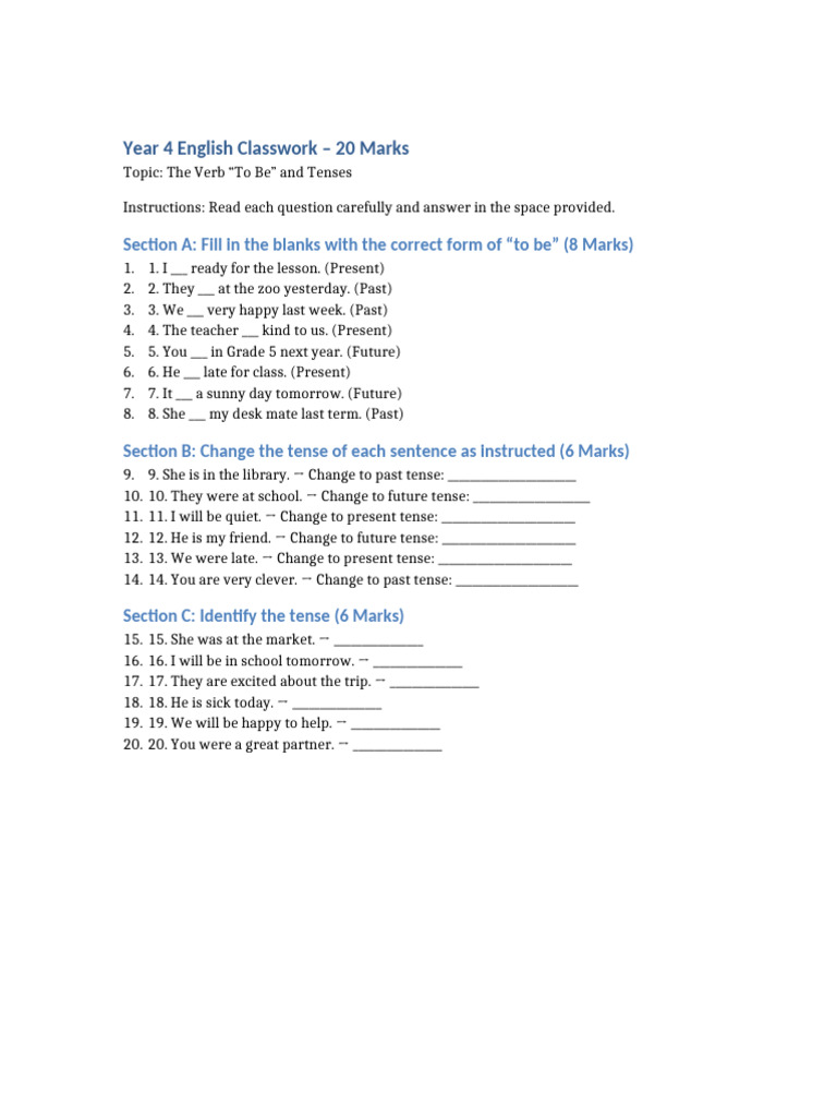 Year_4_English_Classwork_20_Marks | PDF