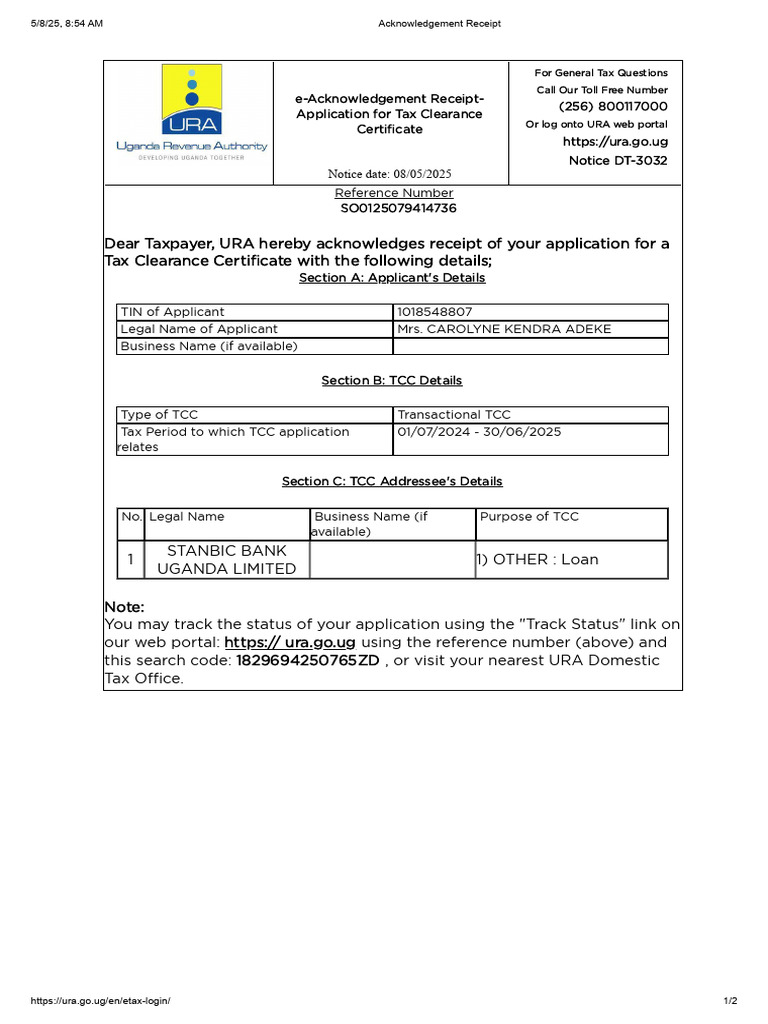 Taxpayer Clearance Certificate Acknowledgement | PDF | Public Finance ...