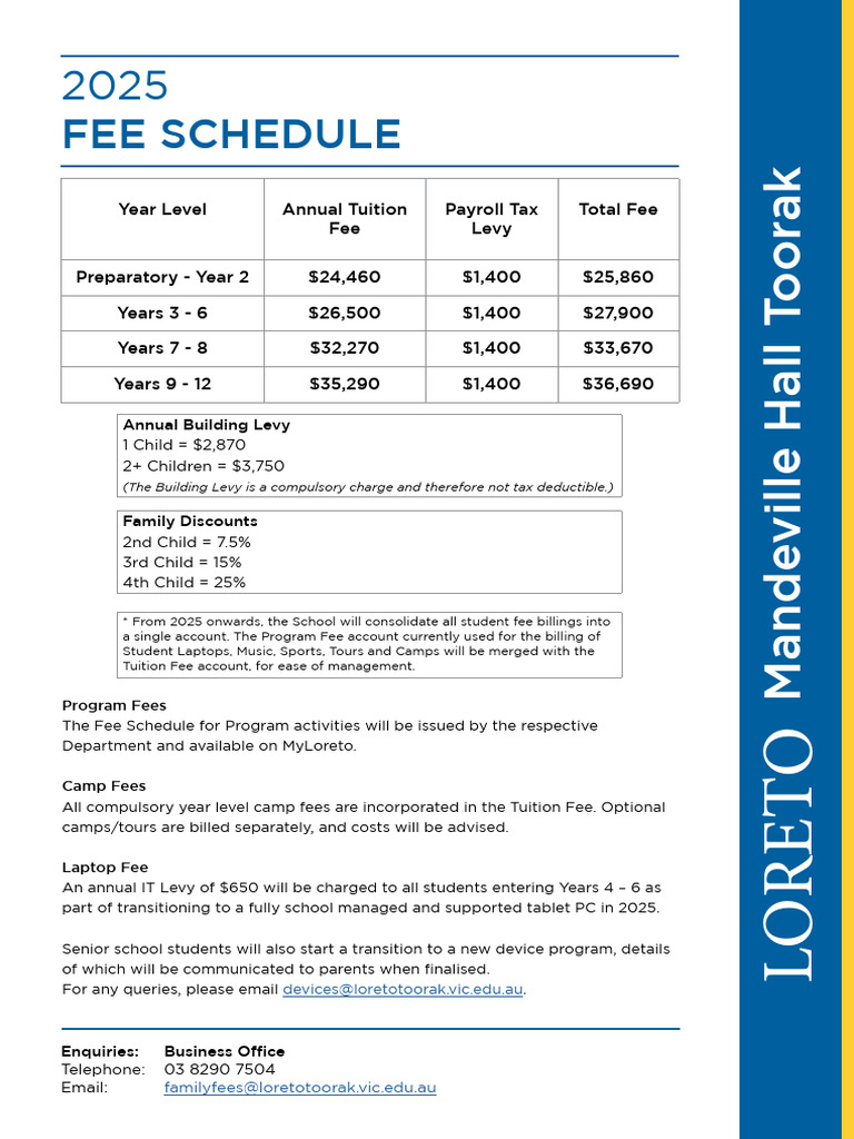 Loreto Toorak 2025 Fee Schedule | PDF