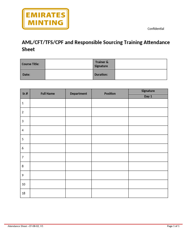 AML/CFT Training Attendance Sheet | PDF