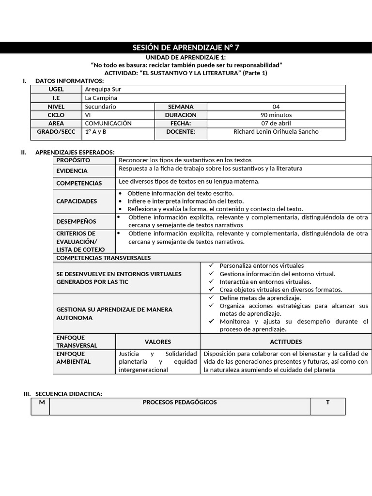 Sesion de Aprendizaje N°7 | PDF | Aprendizaje