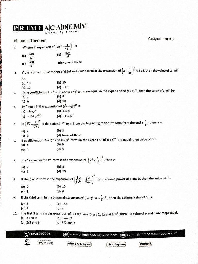 Binomial Theorem Assignment 2 and 3 | PDF