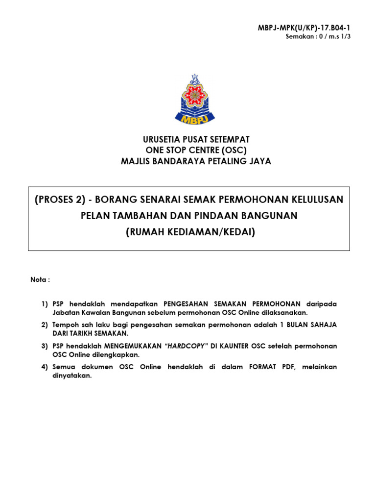 Borang Permohonan Pelan Bangunan Tambahan Dan Pindaan Bangunan Kediaman Kedai | PDF